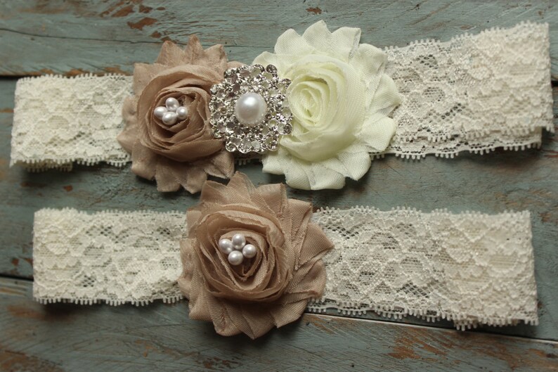 Tan / Beige Garter Set - Wedding Garters, Ivory Lace Garter W/ Flowers ...