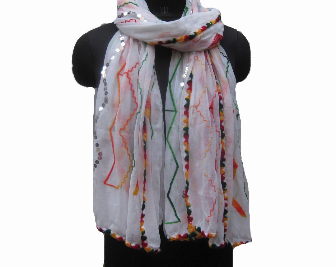 Muticolored Scarf/embroidered Scarf/ White Scarf/ Light Weight Scarf ...