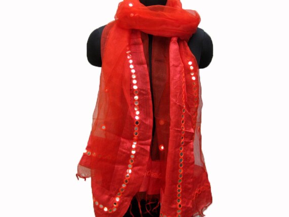 Embroidered Scarf/ Red Scarf/ Sequin Scarf/ Light Weight - Etsy