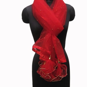 Red Scarf/ Net Scarf/ Trendy Scarf/ Fashion Scarf/ Tassel Scarf/ Beads ...