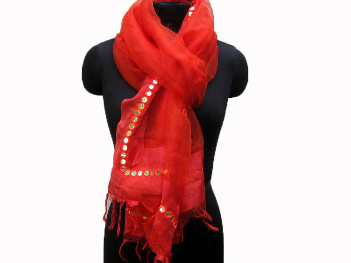 Embroidered Scarf/ Red Scarf/ Sequin Scarf/ Light Weight Scarf/ Fashion ...