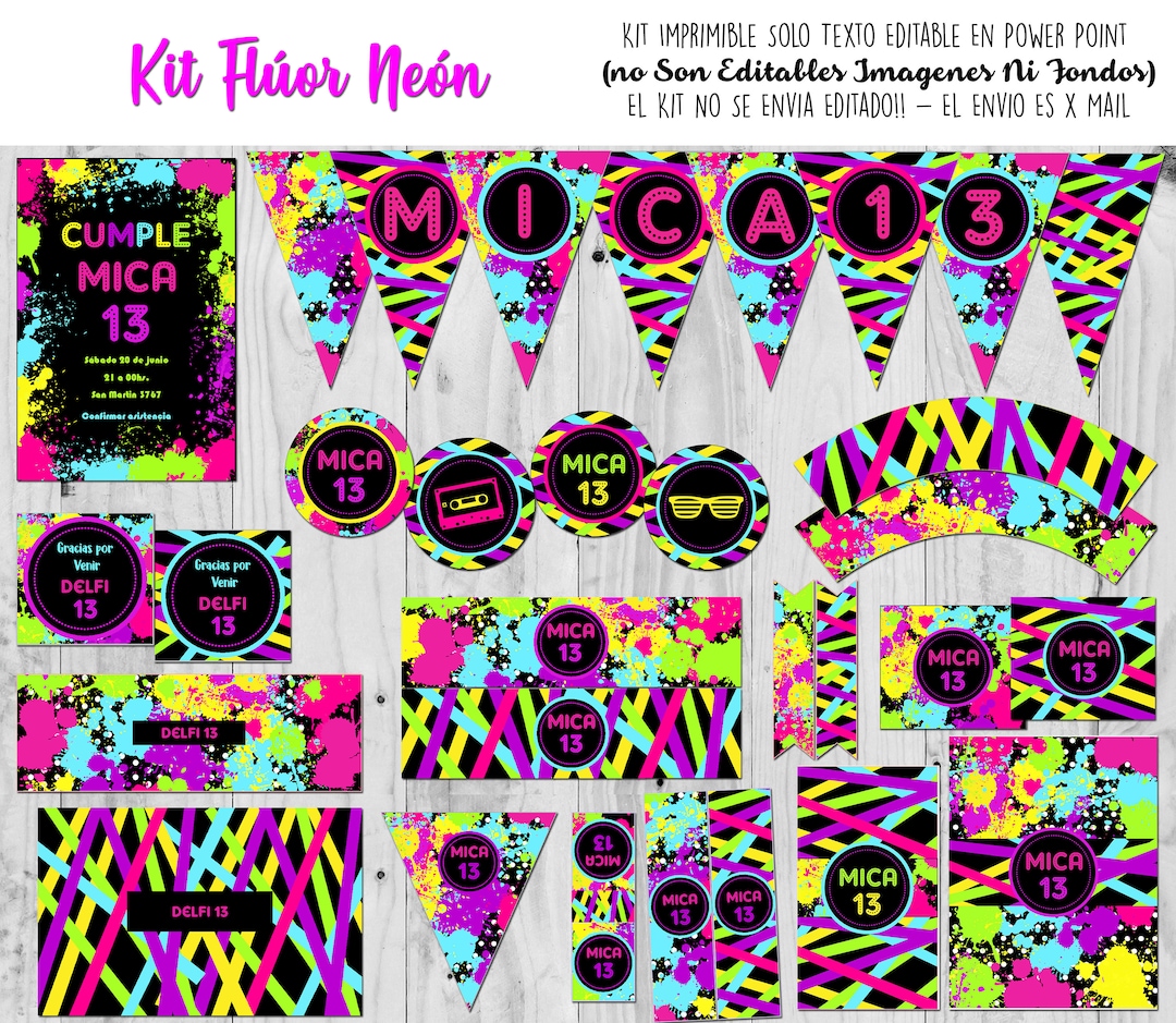 Fluor Neón Birthday Party Printable Kit Editable Text - Etsy
