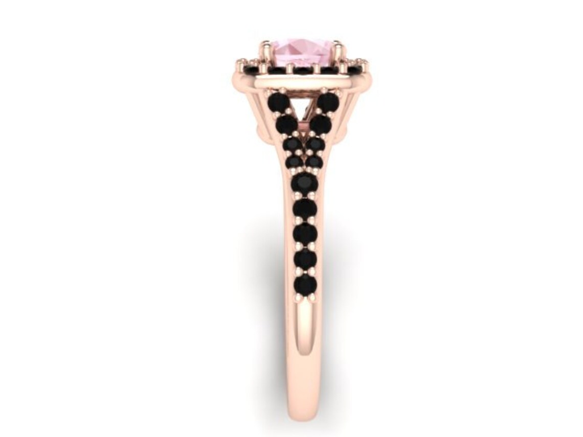 Black Diamond Morganite Engagement Ring 14K Rose Gold Ring Cushion Halo ...