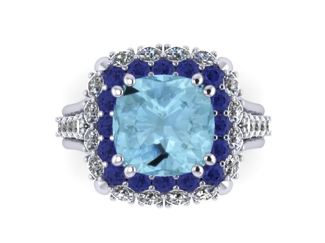 Cushion Cut Aquamarine Engagement Ring Diamond Wedding Ring Blue ...