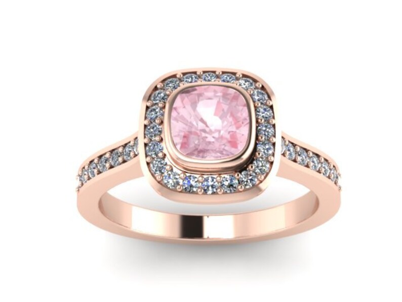 Cushion Cut Morganite Engagement Ring Diamond Halo Wedding Ring 14K ...