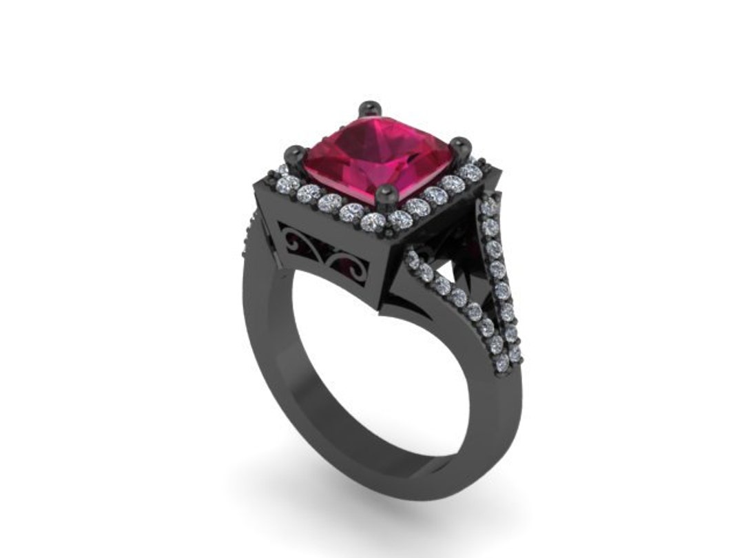 Princess Cut Red Ruby Engagement Ring Diamond Wedding Ring 14K Black ...