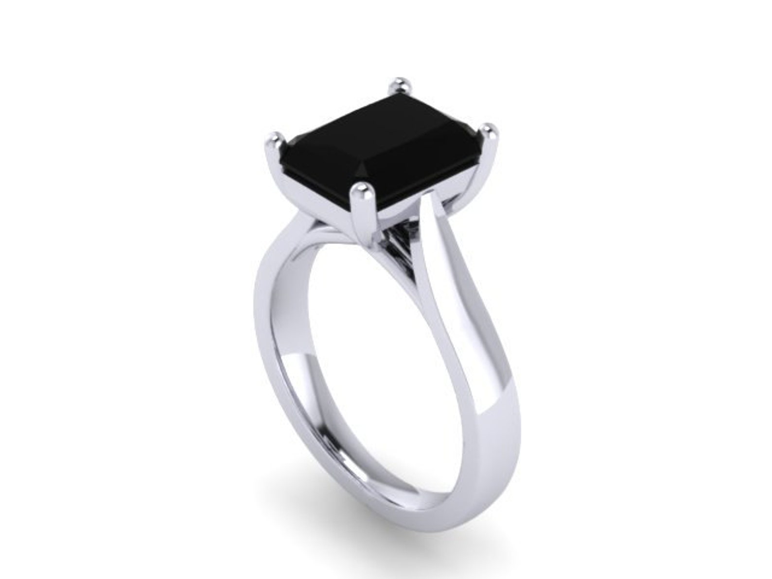 Classic Solitaire Black Diamond Engagement Ring 14K White Gold Emerald ...
