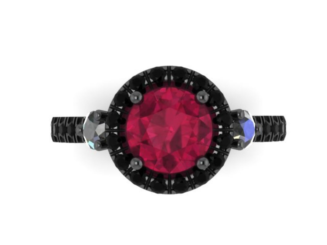 Engagement Ring Black Natural Black Diamond Red Ruby Wedding Ring 14K ...