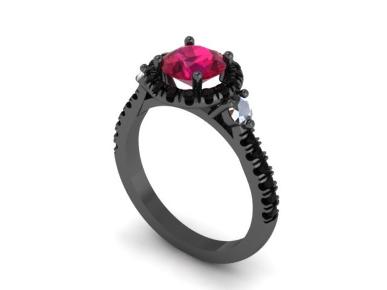 Engagement Ring Black Natural Black Diamond Red Ruby Wedding Ring 14K ...