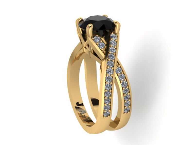 Yellow Gold Engagement Ring Round Natural Black Diamond Wedding Ring ...
