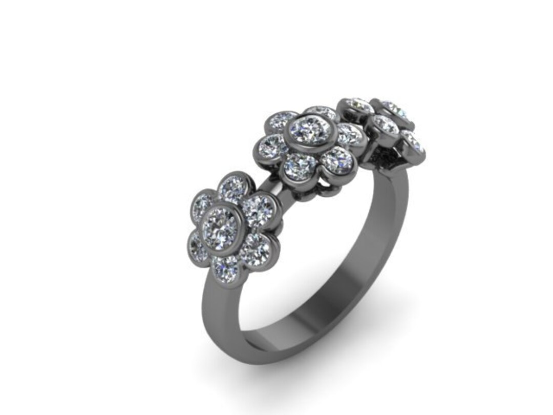 Diamond Band Flower Design Band 14K Black Gold Flower Ring - Etsy