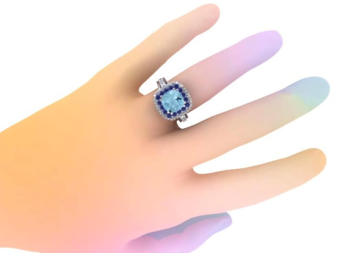 Cushion Cut Aquamarine Engagement Ring Diamond Wedding Ring Blue ...