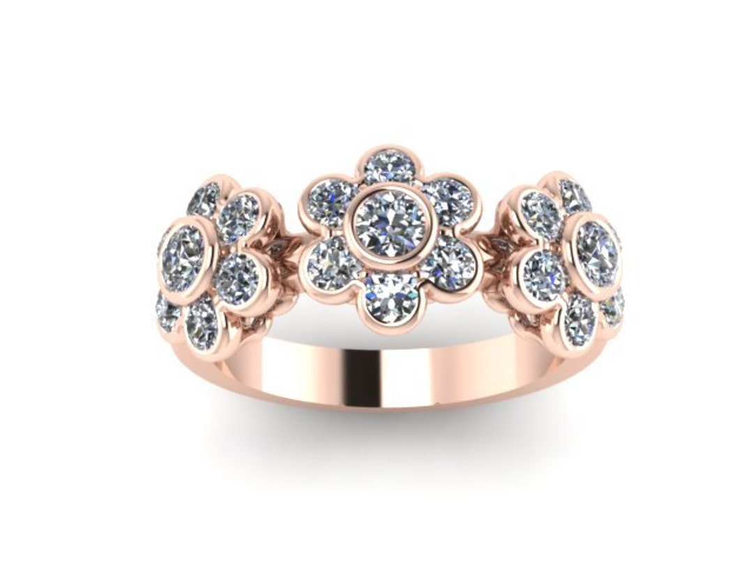 Diamond Band Flower Design Band 14K Rose Gold Flower Ring Floral Fine ...