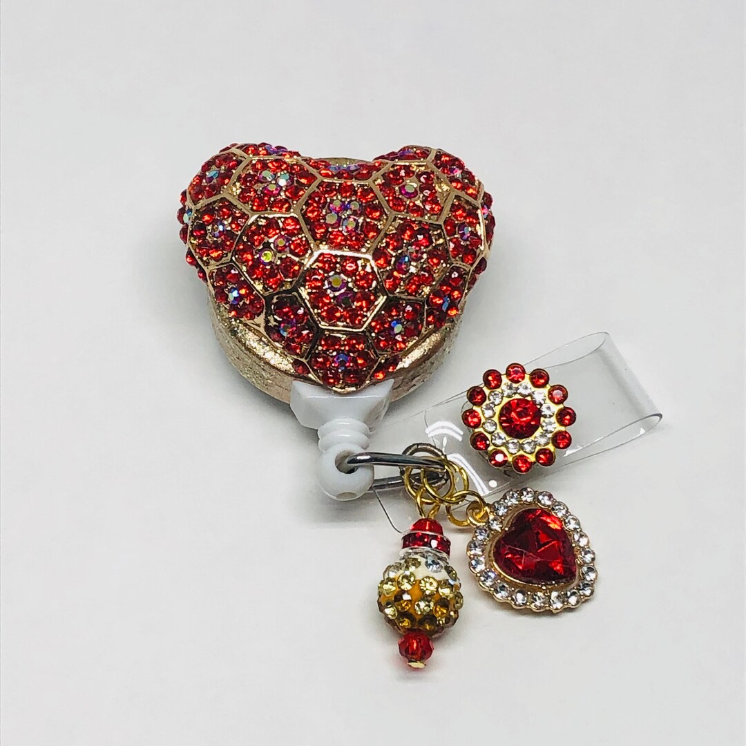 Red Rhinestone Heart Retractable Badge Holder Nurse Retractable Reel ID ...
