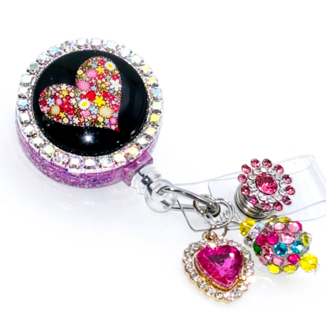 Heart Floral Rhinestone Retractable Badge Reel With Charm - Bling ID ...