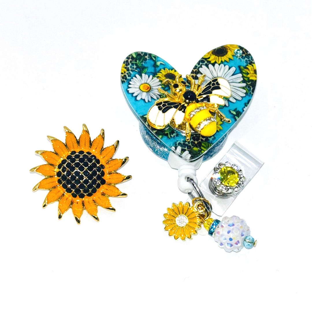 Sunflower Heart Retractable Badge Reel, Interchangeable Snap Button ...