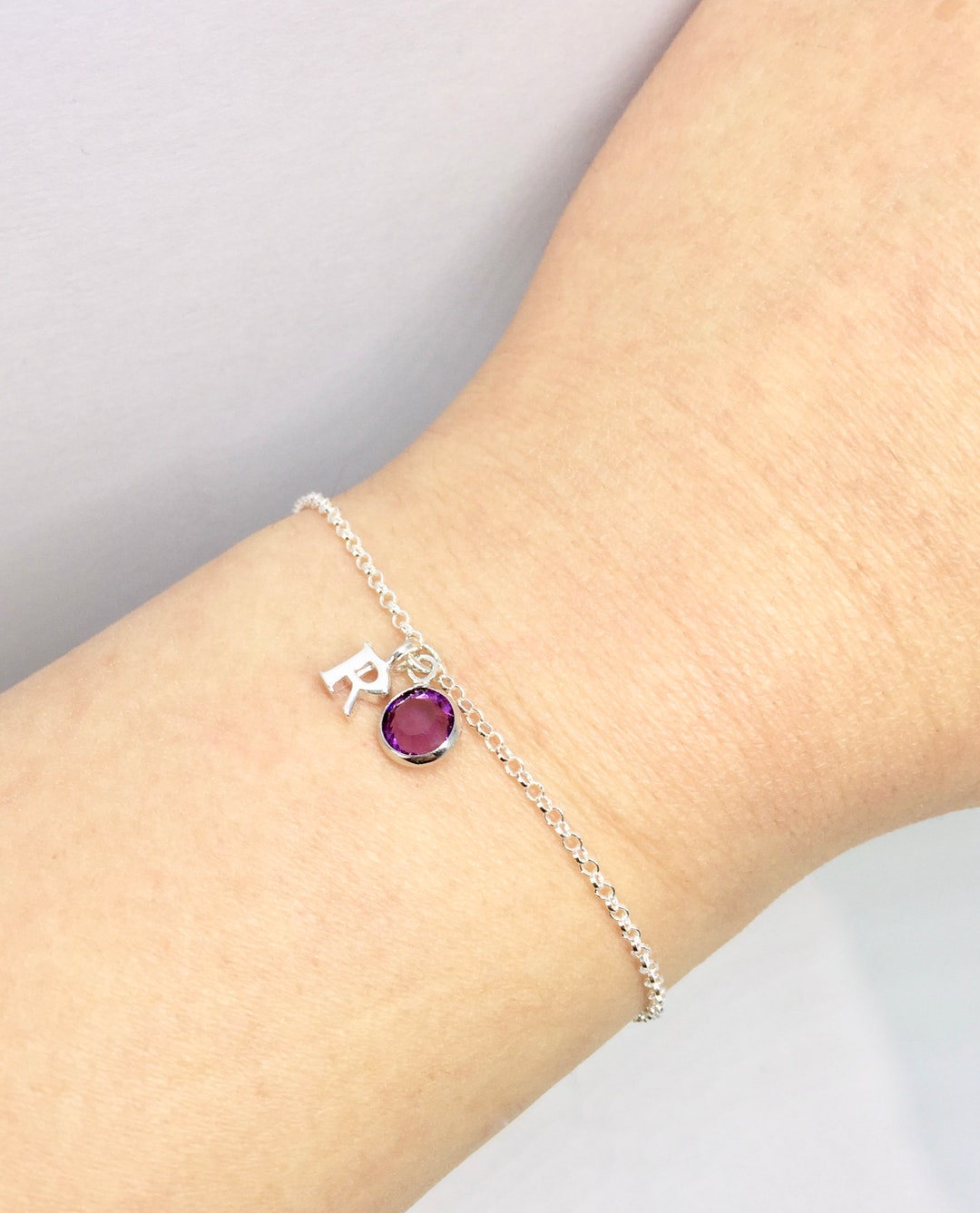 Sterling Silver Birthstone & Initial Bracelet, Initial Bracelet ...
