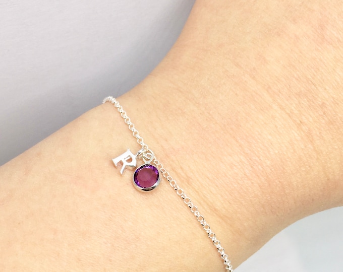 Sterling Silver Birthstone & Initial Bracelet, Initial Bracelet ...