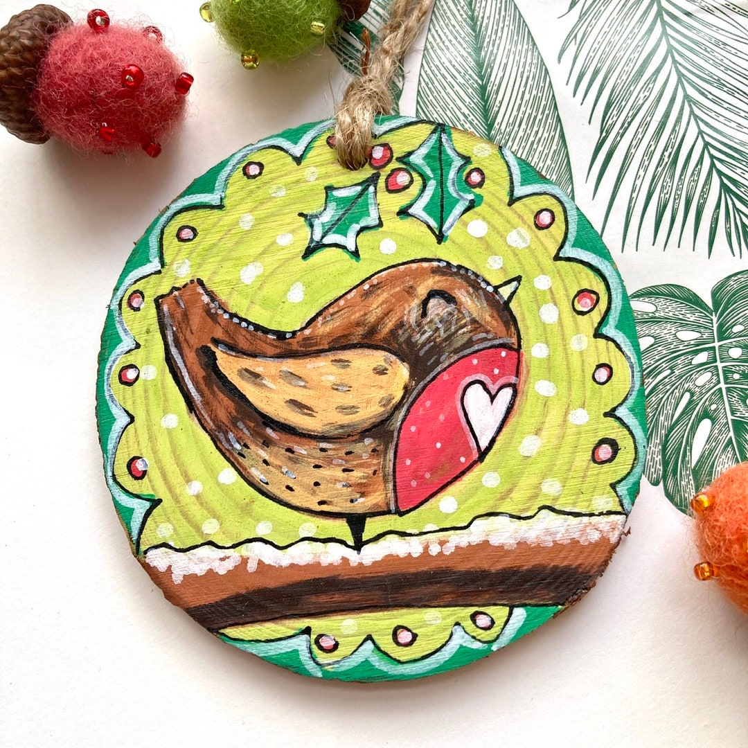 Robin Ornament, Christmas Robin, Wood Slice, Robin Decoration, Holiday ...