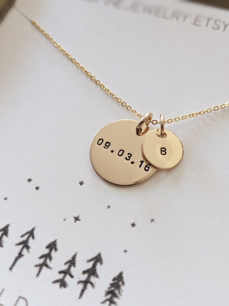 Date Initial Disc Necklace,14k Gold Filled, Sterling Silver, Wedding ...