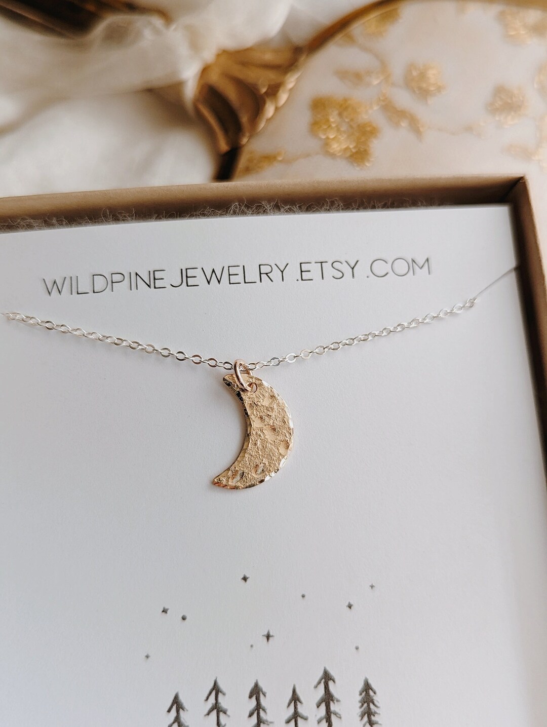 Mixed Metals Moon Necklace, 14k Gold Filled, Sterling Silver, Hammered ...