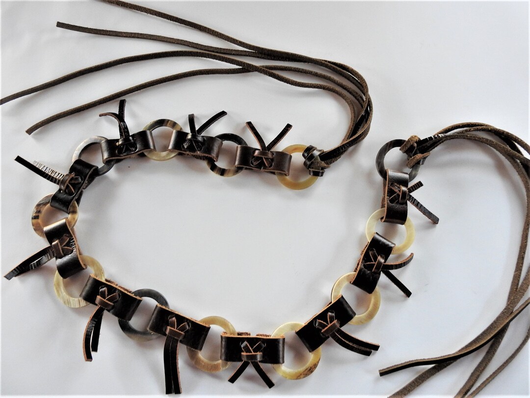 Vintage Leather Fringe and Horn Belt Rawhide Strings Boho Hippie ...