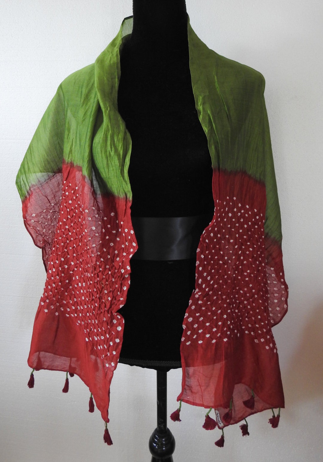 Vintage Indian Bandhani Silk Wrap Shawl Scarf Stole Burgundy Moss Green ...