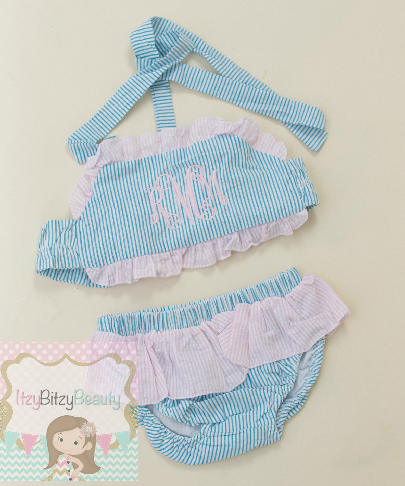 Girls Seersucker Bathing Suit Monogrammed Swimsuit Ruffled Etsy