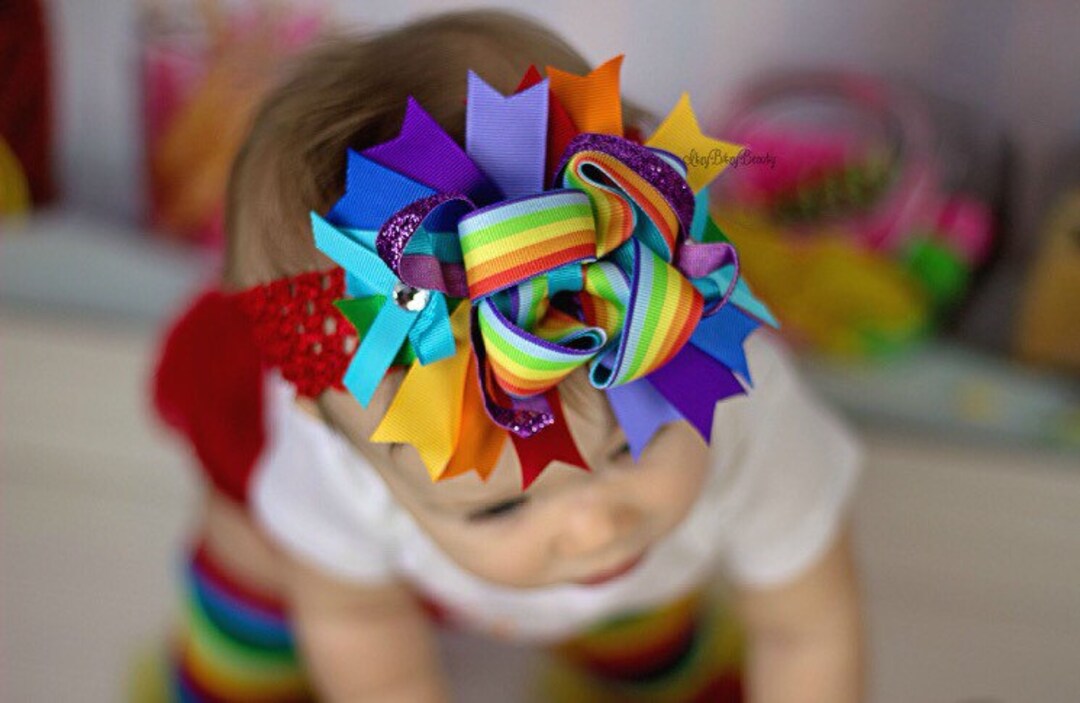Rainbow Hair Bow Headband Rainbow Over the Top Headband - Etsy