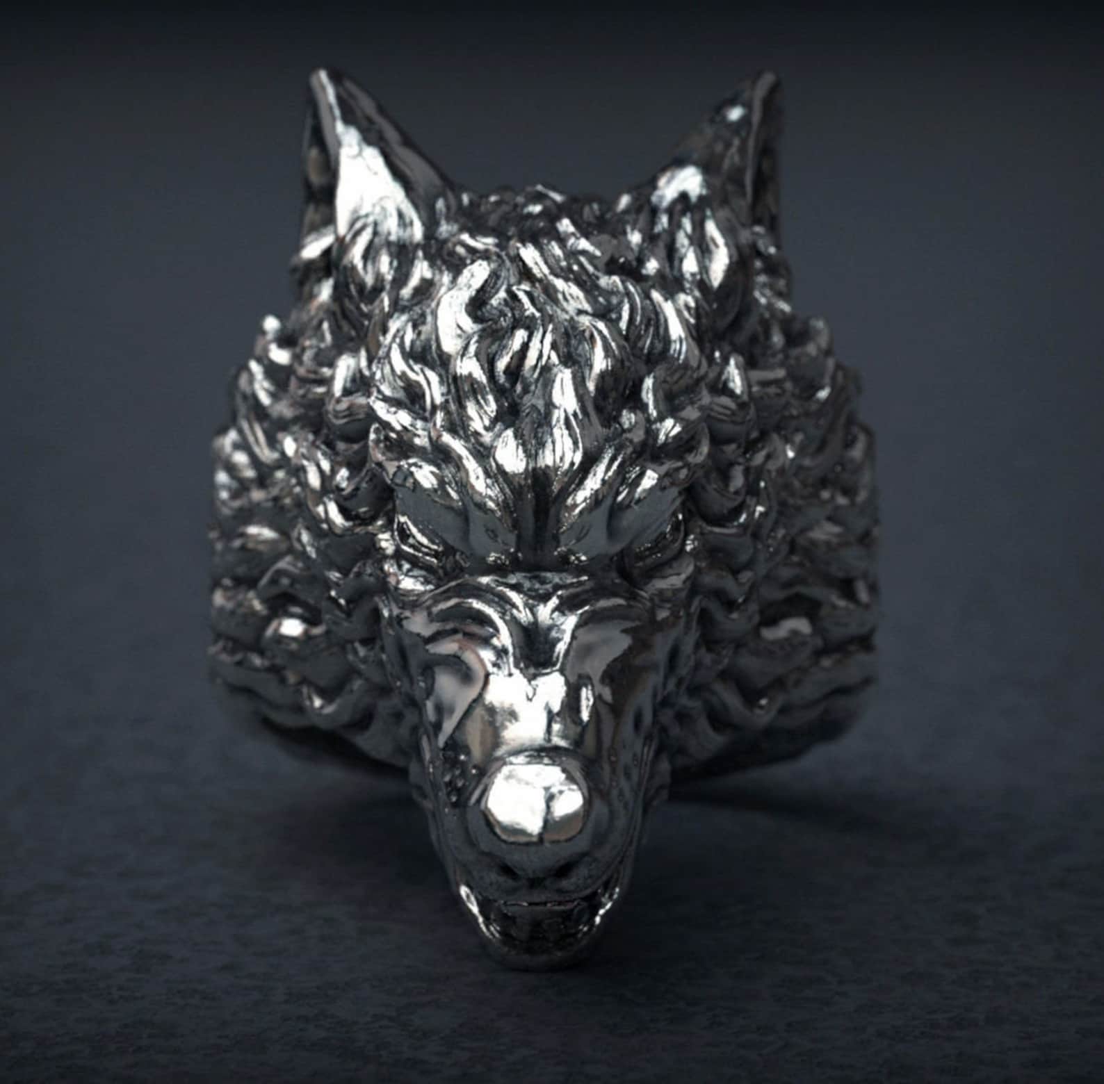 Silver Wolf Ring Wolf Head Ring Mens Animal Jewelry Alpha - Etsy