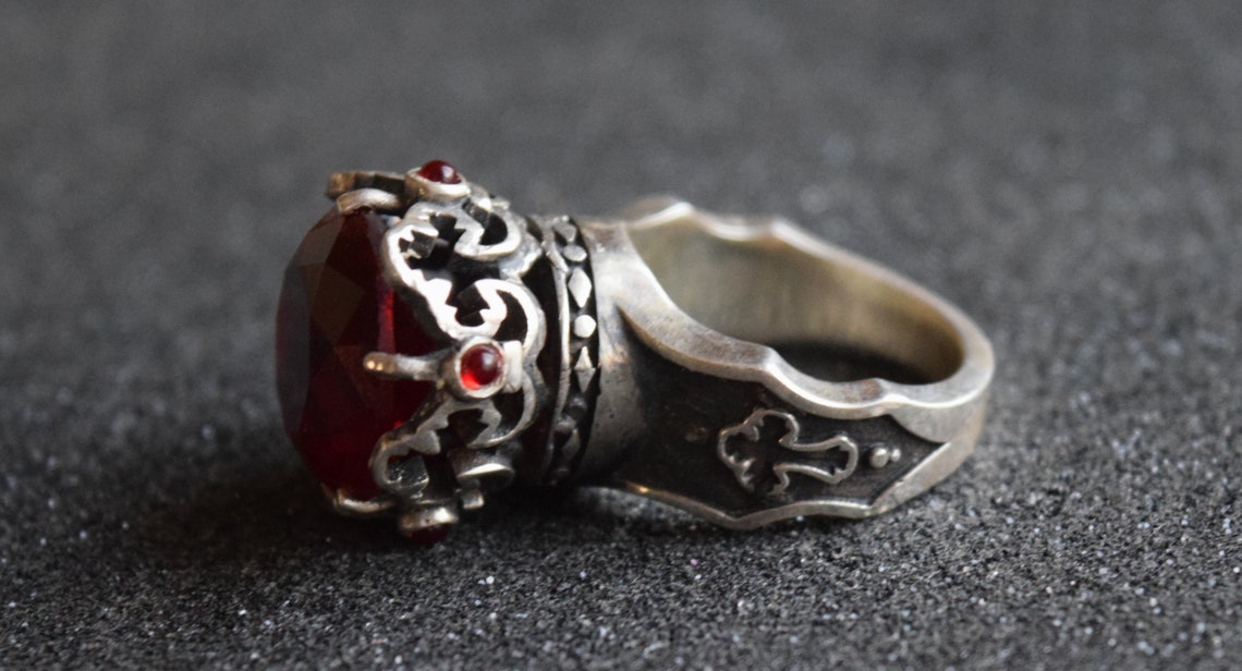Medieval Ring Silver Garnet Ring Vintage Norse Ring with | Etsy