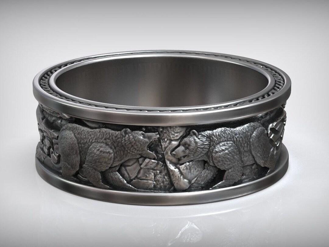 Twin Bear Ring, Norse Bear Band, Bear Wedding Band, Oxidized Silver ...