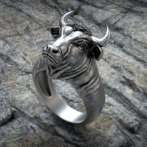 Taurus Bull Head With Horns Silver Ring, Good Luck Ring, Signet Ring ...