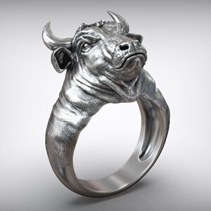 Taurus Bull Head With Horns Silver Ring, Good Luck Ring, Signet Ring ...