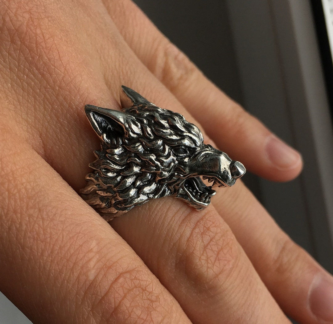 Silver Wolf Ring, Wolf Head Ring, Mens Animal Jewelry, Alpha Wolf ...