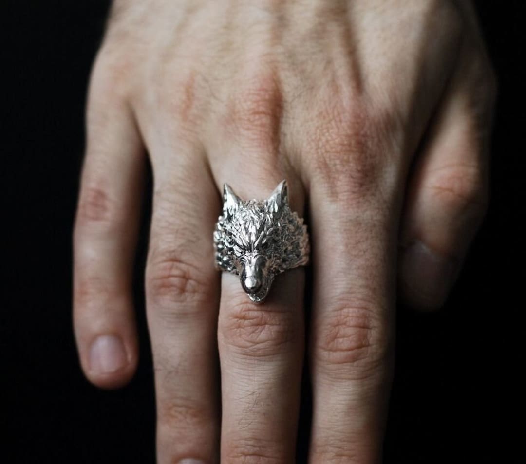 Silver Wolf Ring, Wolf Head Ring, Mens Animal Jewelry, Alpha Wolf ...
