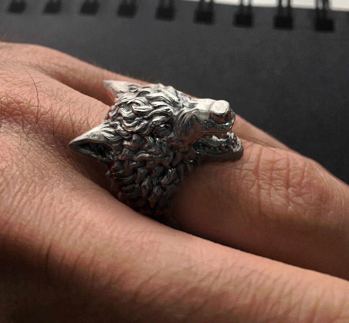 Silver Wolf Ring Wolf Head Ring Mens Animal Jewelry Alpha - Etsy