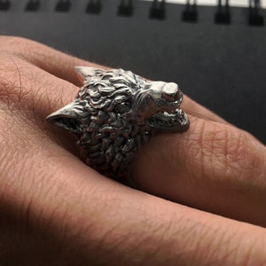 Silver Wolf Ring, Wolf Head Ring, Mens Animal Jewelry, Alpha Wolf ...