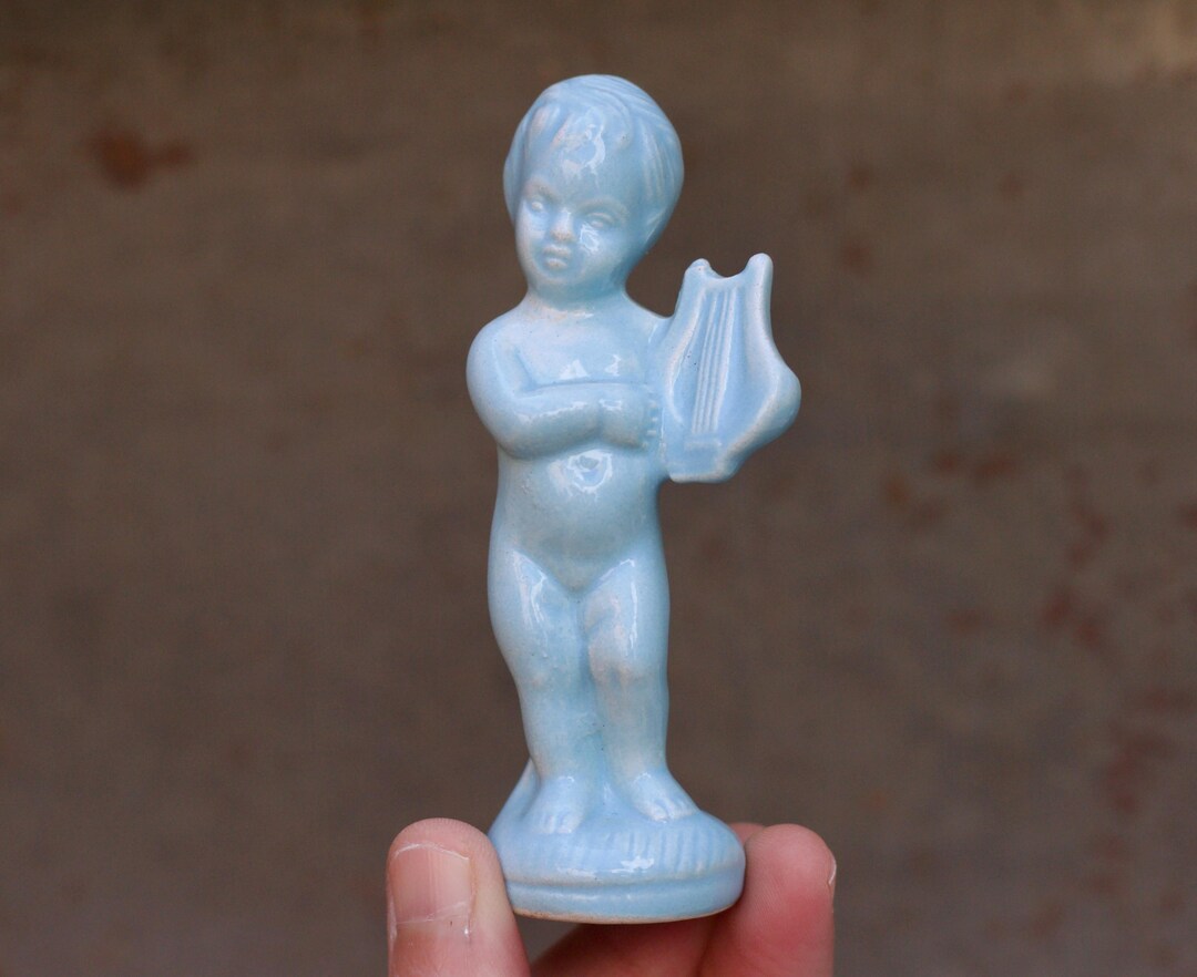 Vintage Sky Blue Porcelain Cherub Figurine – Harp Ornament, Boho Decor ...