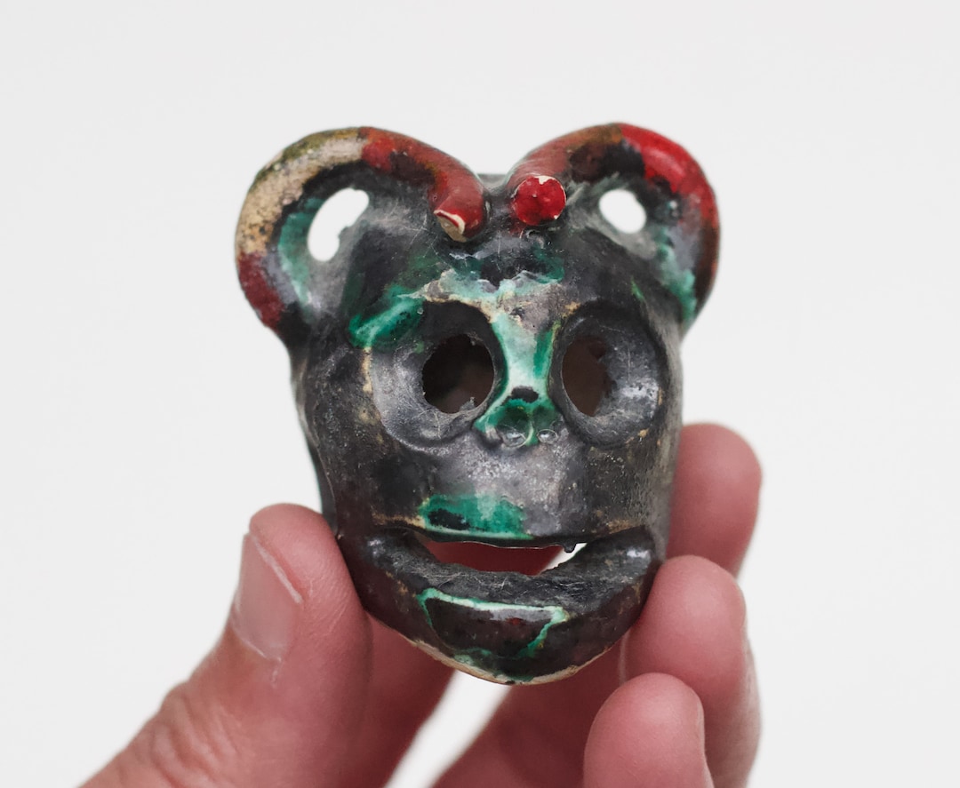 Miniature Horned Mask - Tiny Ceramic Devil's Helmet Ornament - Creepy ...