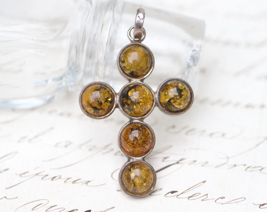 Vintage Amber Bubbles Cross Pendant - Sterling Silver, Modernist Design ...