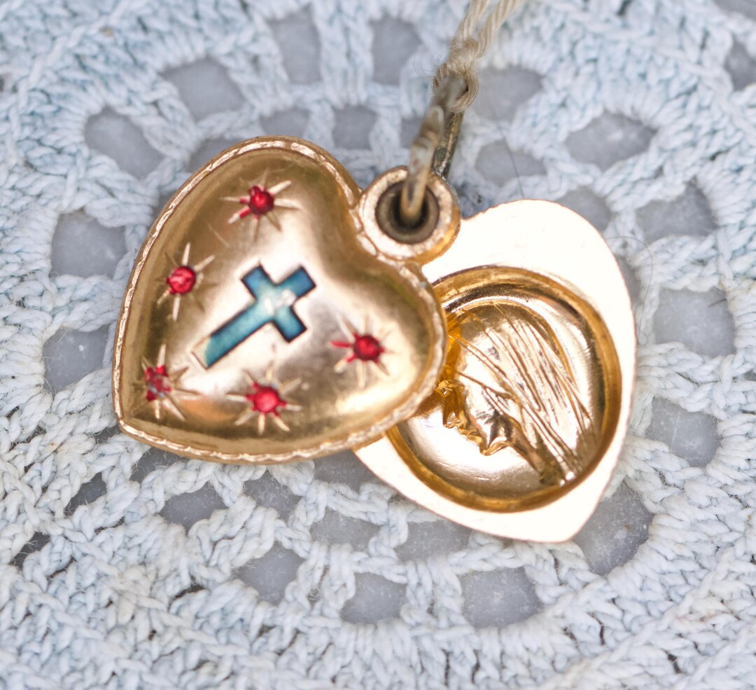 Heart Swivel Locket Our Lady of Lourdes - Gold Puffy Heart Reliquary ...