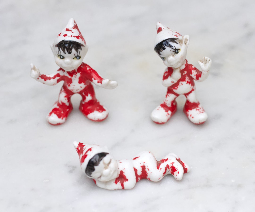 Three Christmas Elves in Red - Set of 3 Pixies - NKK Bone China Made in ...