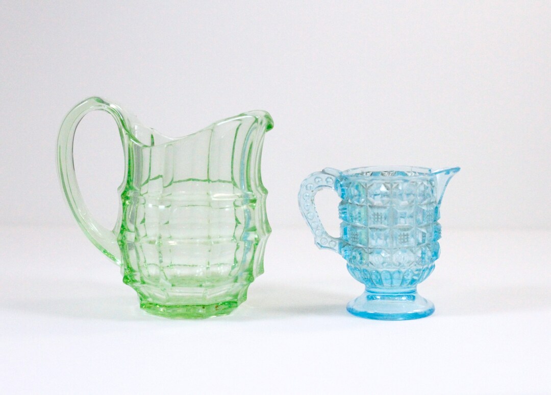Art Deco Glass Pitcher Set of 2 - Pair of Milk Jugs in Uranium Green ...