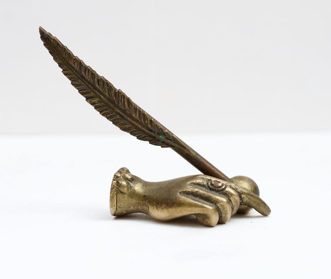 Art Deco Brass Hand Pen Holder and Quill - Vintage Paperweight Ornament ...