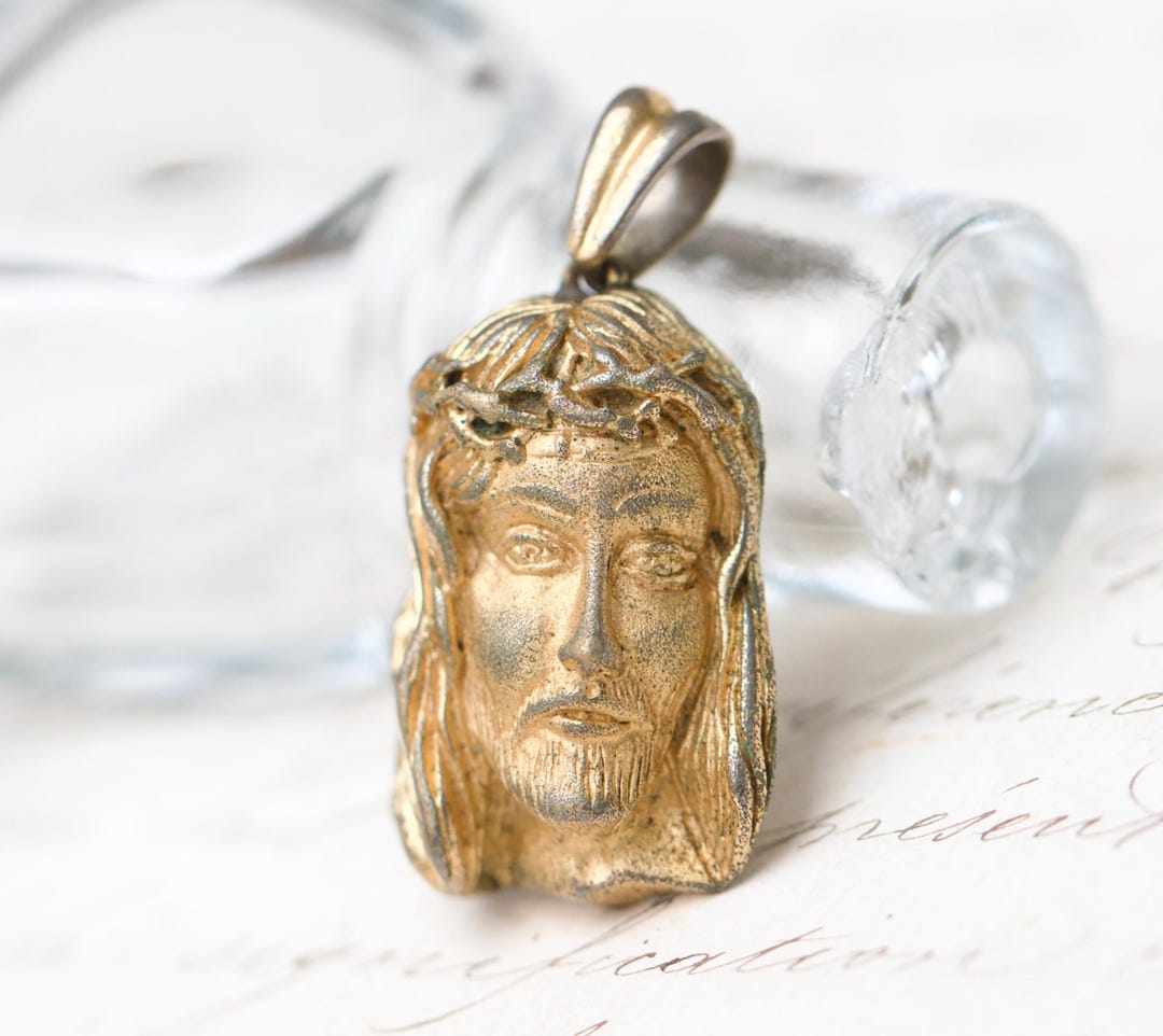 Jesus Christ Head Pendant - Jesus's Face Gilt Pewter Charm - Vintage ...