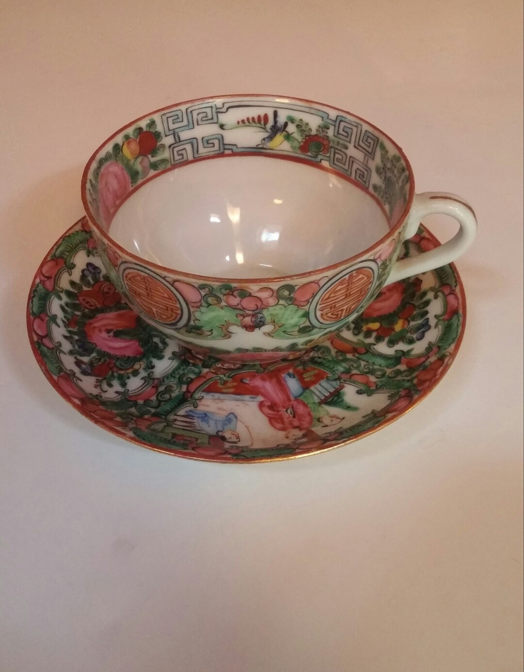 Chinese Rose Canton Tea Cup and Mandarin Saucer Porcelain Hand Painted ...