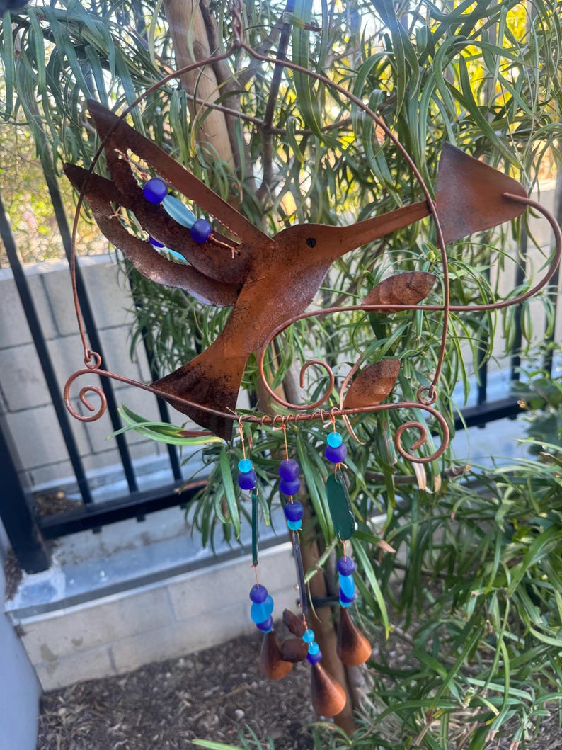 Hummingbird Wind Chime, Metal Bells and Glass Beads, Garden Suncatcher ...