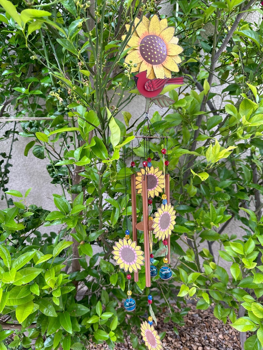 Sunflower Cardinal Wind Chime Hand-painted USPS Priority Shipping is ...