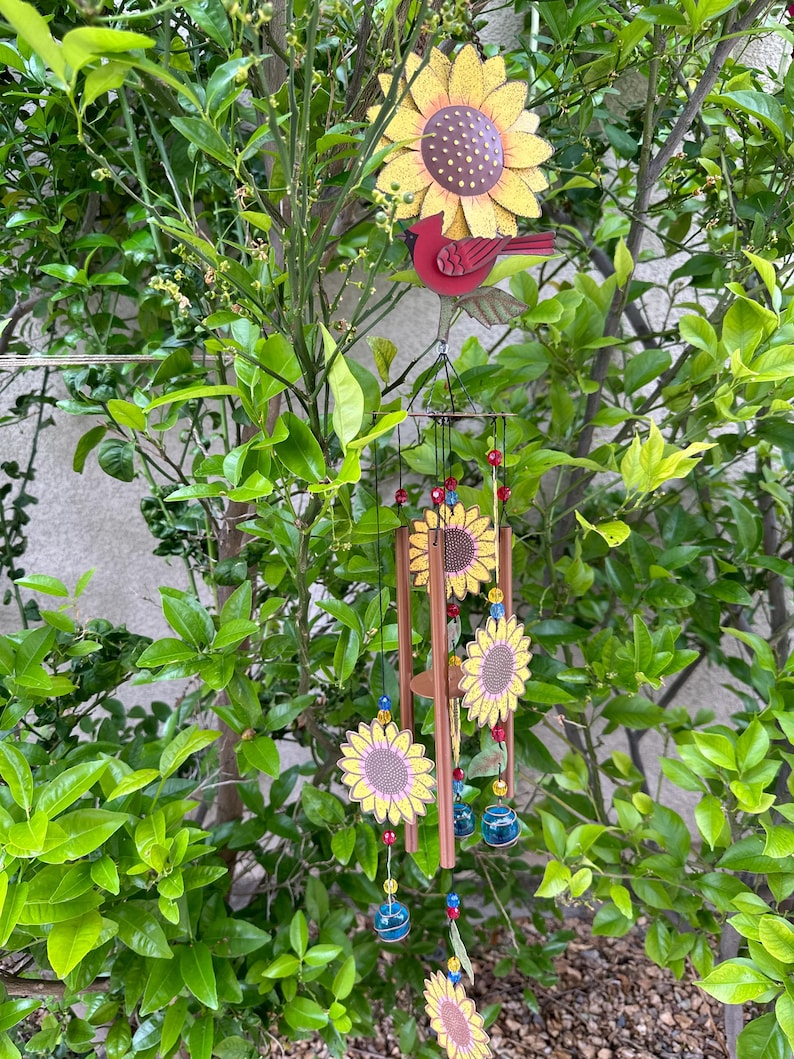 Sunflower Cardinal Wind Chime Hand-painted USPS Priority Shipping is ...